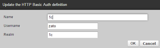 Окно настройки параметров аутентификации в 1С для Zato
